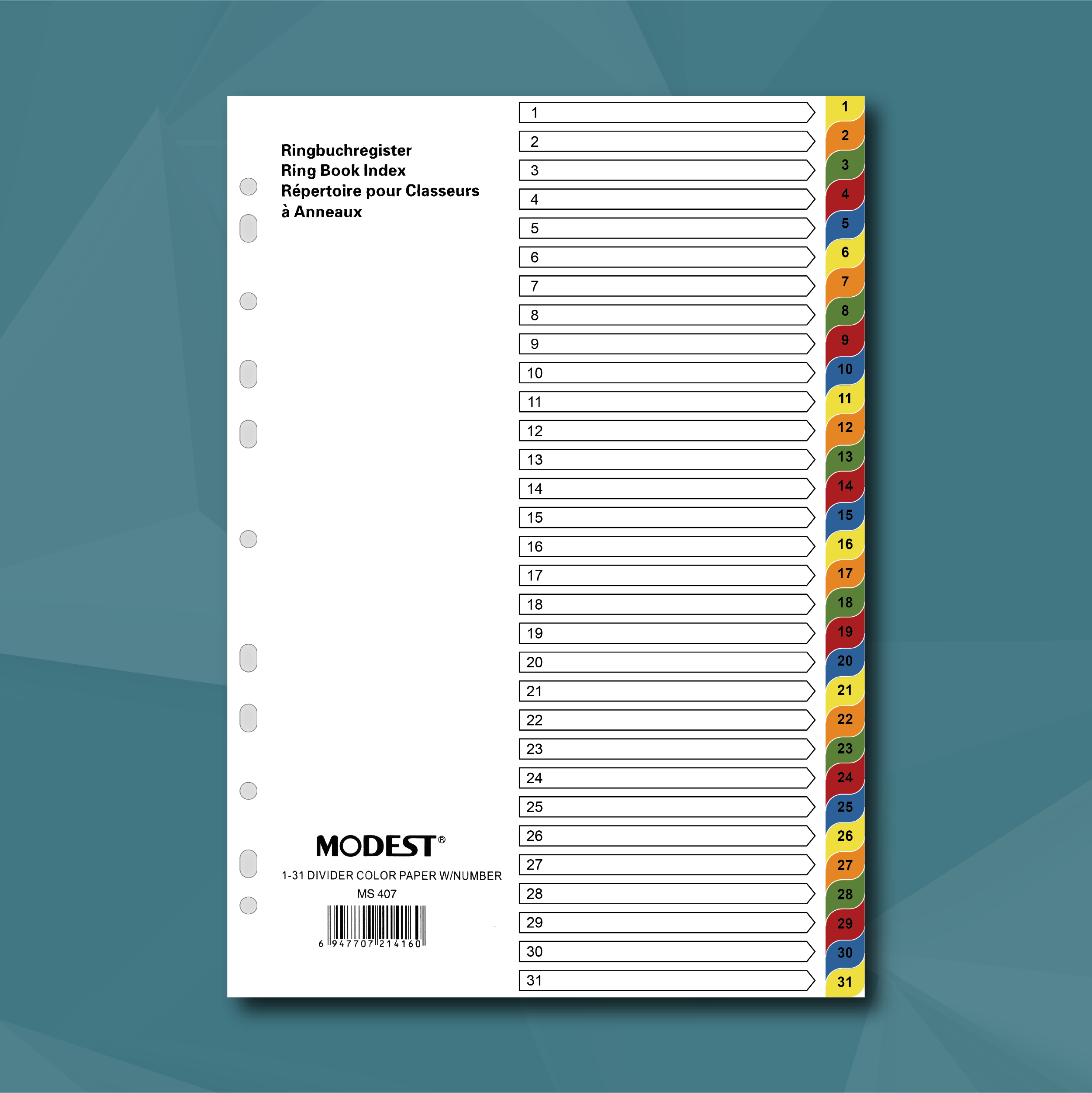 MODEST A4 Paper Dividers, 1-31 with Numbering, Color, 31-Tab (MS 407)