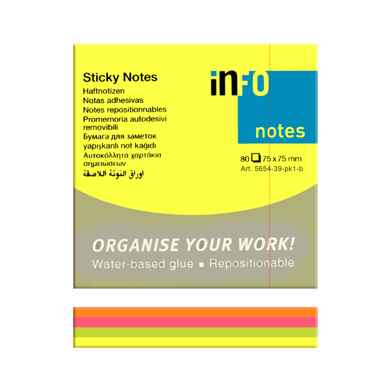 inFO Sticky Notes, 75mm x 75mm, Assorted, 80Sheets/Pad, 12Pads/Pack (5